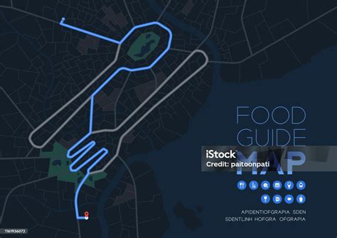 복사 공간 벡터 Eps 10 회색 배경에 격리 된 야간 모드 그림에서 아이콘 개념 도로 숟가락 및 포크 모양 디자인식품 가이드 방향지도 여행 강에 대한 스톡 벡터 아트 및