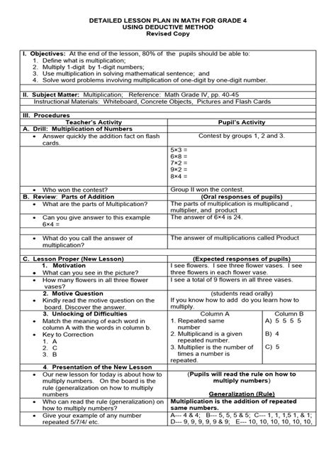 Detailed Lesson Plan In Math Grade 4 Deductive Method Pdf