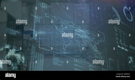 Image Of Globe Map Loading Bars Graphs And Computer Language Over Glass Window In Office