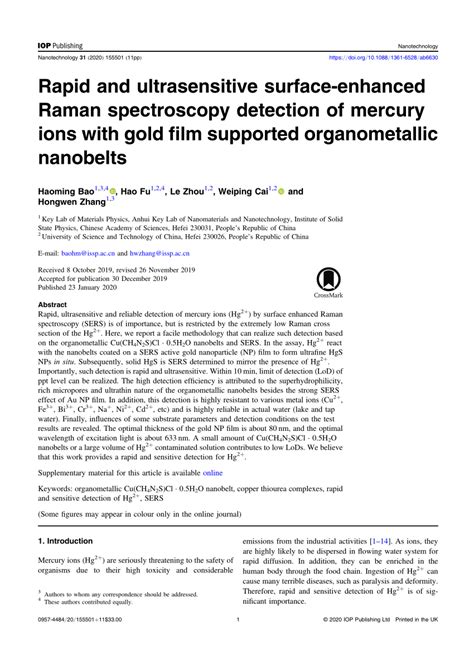 Rapid And Ultrasensitive Surface Enhanced Raman Spectroscopy Detection Of Mercury Ions With Gold