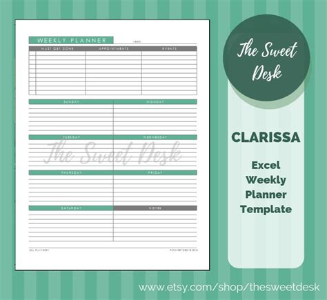 PRINTABLE Excel Weekly Planner Template EDITABLE Undated Etsy Canada Weekly Planner Template