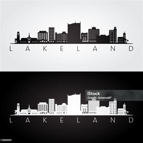 레이크 랜드 플로리다 스카이 라인과 랜드 마크 실루엣 흑백 디자인 벡터 일러스트 레이크 랜드에 대한 스톡 벡터 아트 및 기타 이미지 레이크 랜드 스카이라인 플로리다