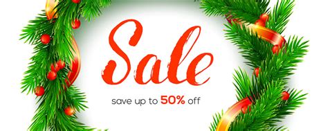 겨울 판매입니다 최대 50 할인 손으로 쓴된 글자의 디자인 배너 전나무 화 환 및 흰색 배경에 고립 된 리본 메뉴를 닫습니다 휴일 할인 작업에 대 한 3d 일러스트 벡터