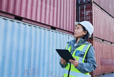 Premium Photo Delivery Logistics And Woman On Tablet For Container Inspection With Stock Cargo