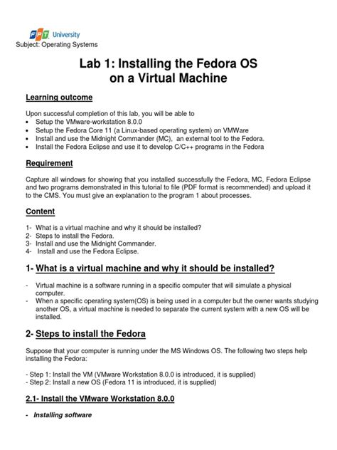 lab 1 installing the fedora os on a virtual machine learning outcome download free pdf