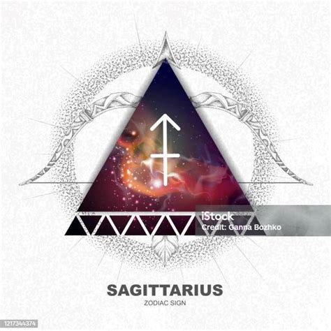 공간 배경에 점성술 궁수 조디악 기호와 현대 마술 마술 카드 사실적인 손 그리기 활과 화살표 그림 점성술 기호에 대한 스톡 벡터