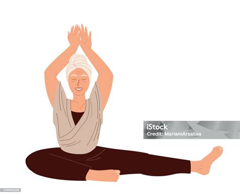 나이 든 여성 캐릭터 스트레칭 손을 들고 Realxing은퇴한 여자 약혼 요가 연습 격리 흰색 Background여자 명상 연습필라테스 훈련 Classflat 벡터