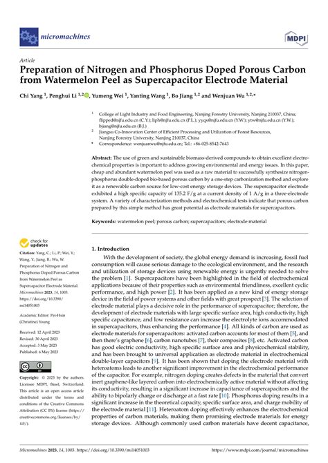 Pdf Preparation Of Nitrogen And Phosphorus Doped Porous Carbon From Watermelon Peel As
