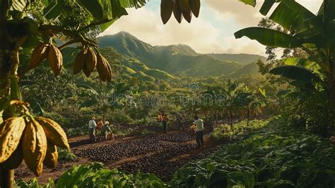 Tropical Cocoa Plantation With Rows Of Cacao Trees Workers Using