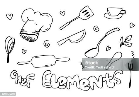 셰프 모자 벡터 낙서와 디자인 컨셉을 위한 다양한 다른 조리 기구 손에 대한 스톡 벡터 아트 및 기타 이미지 손 일러스트레이션 포크 Istock