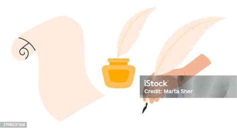 낡은 종이와 깃털 롤 잉크병과 잉크병 세계 시의 날 또는 연극의 날 스티커 흰색 배경에 고립 된 평면 벡터 일러스트 레이 션