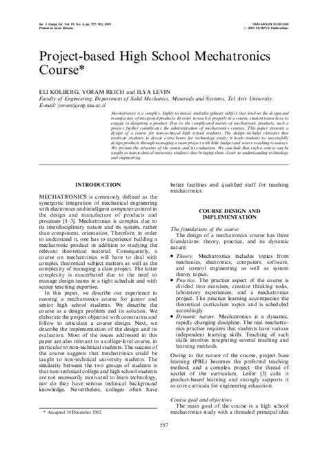 Pdf Project Based High School Mechatronics Course