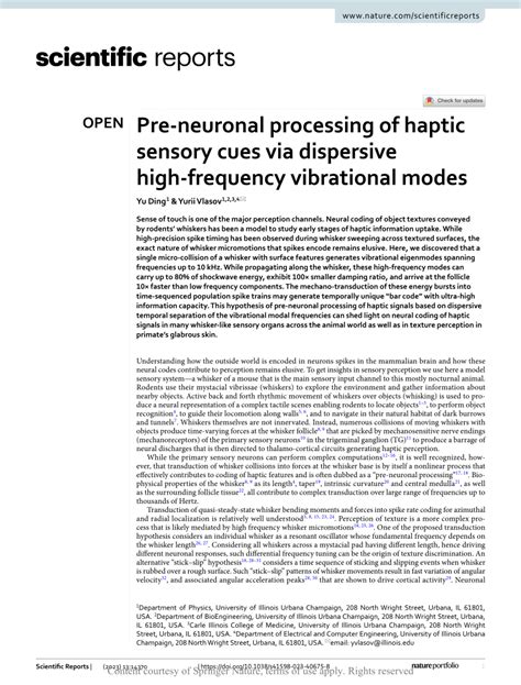 Pdf Pre Neuronal Processing Of Haptic Sensory Cues Via Dispersive High Frequency Vibrational Modes