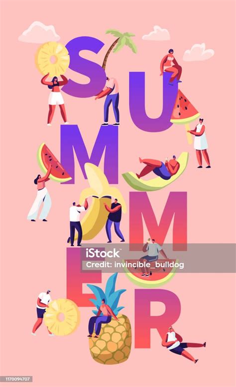 여름 시즌 컨셉 수영복과 거대한 잘 익은 과일 파인애플 바나나 수박의 작은 문자 건강 식품 신선한 주스 음료 포스터 배너 전단지