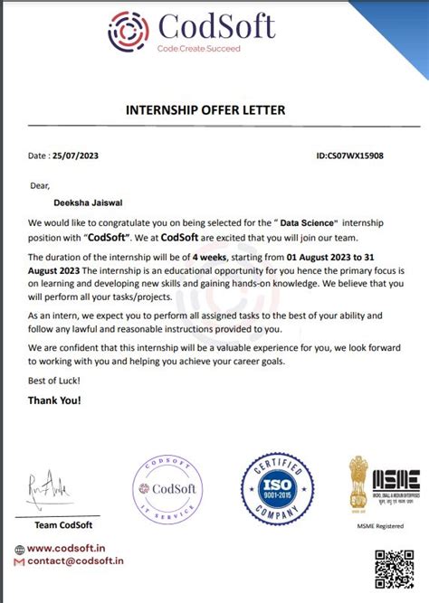 deeksha jaiswal on linkedin datascience intership codsoft offerletter