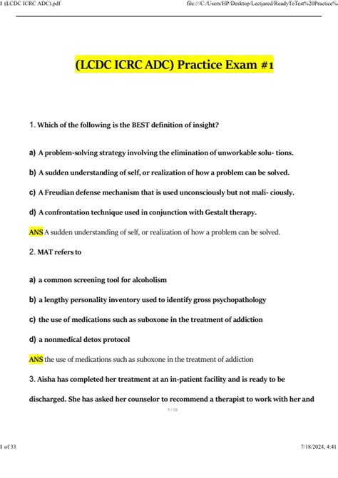 Lcdc Icrc Adc Practice Exam 1 Questions And Answers Updated 2024 2025 Verified Answers