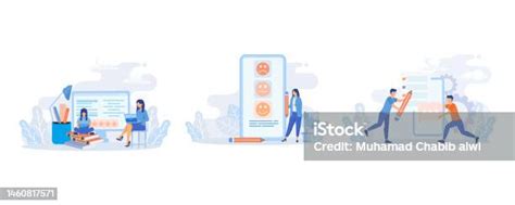 고객 지원 그림입니다 온라인 헬프 데스크 플랫폼을 사용하는 캐릭터 헬프 데스크 운영자 또는 챗봇으로부터 질문하고 답변을받는 사람들 평면 벡터 그림 It 지원에 대한 스톡