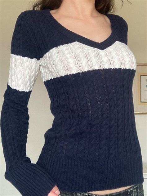 Emmiol Free Shipping 2024 V Neck Striped Cable Knit Top Blue M In Long