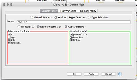 Cannot Get Regular Expressions To Work In Column Filter Knime