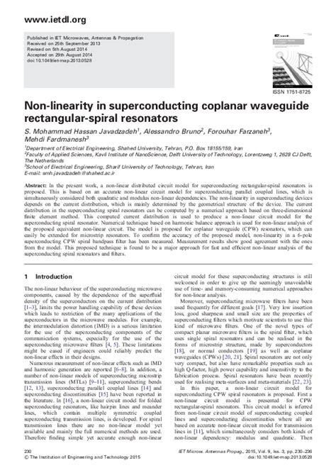 Pdf Non Linearity In Superconducting Coplanar Waveguide Rectangular Spiral Resonators