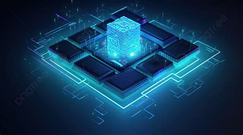 내부에 기술과 아이콘이 있는 정사각형 건물 Nft 또는 대체 불가능한 토큰 개념 블록체인 기술 그림의 3d 렌더링 아이소메트릭 뷰 고화질 사진 사진 미래 배경 일러스트