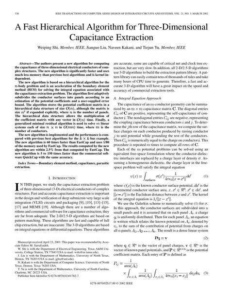 Pdf A Fast Hierarchical Algorithm For Three Dimensional Capacitance