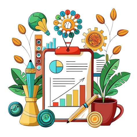 Colorful Illustration Of A Clipboard With Graphs And Plants Premium
