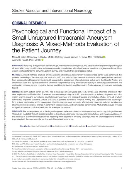 Pdf Psychological And Functional Impact Of A Small Unruptured Intracranial Aneurysm Diagnosis
