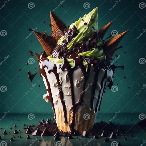 Delicious Splash Ice Cream Cone Design With Exploding And Liquify Chocolate Pieces Isolated