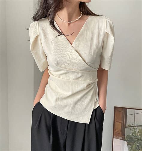 아르도르 💖고퀄리허리잘록 퍼프 랩 셔링 블라우스 반팔블라우스 퍼프블라우스 셔링블라우스 데이트룩 하객룩 3color