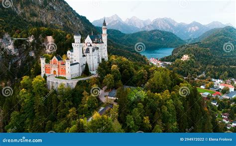 Aerial Drone View Neuschwanstein Castle On Alps Background In Vicinity