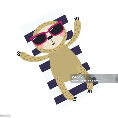 귀여운 나무 늘보 선글라스를 착용 일광욕 만화 캐릭터 일러스트 손으로 그린 스칸디나비아 스타일의 평면 디자인 고립 된 벡터
