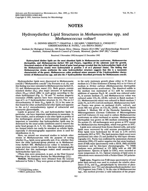Pdf Hydroxydiether Lipid Structures In Methanosarcina Spp And