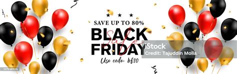 매우 매력적이고 다채롭고 고급스러운 블랙 프라이데이 세일 배너는 황금색 빨간색 및 검은 풍선 색종이 풍경 배너 등의 그룹으로 최대 80 할인 을 절약 할 수 11월에 대한