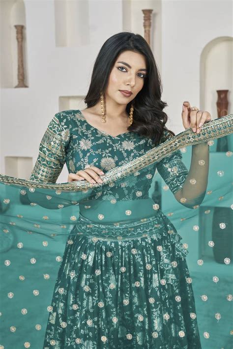 Rama Green Dola Jacquared Zari Work And Sequins Embroidereded Lehenga