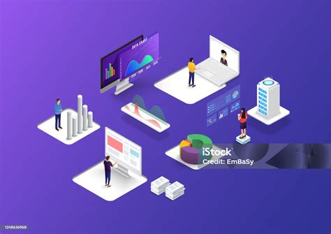 차트와 상호 작용하고 통계를 분석하는 사람들 데이터 시각화 개념입니다 3d 등분 측정 벡터 그림 가정의 방에 대한 스톡 벡터