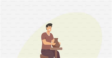 수공예 마스터 클래스 창조적 인 직업 작업장 동안 회전하는 바퀴에 냄비를 만드는 행복한 남자 도예가 예술 취미 점토 예술 작품을 만드는 도예가 남성 캐릭터 만화