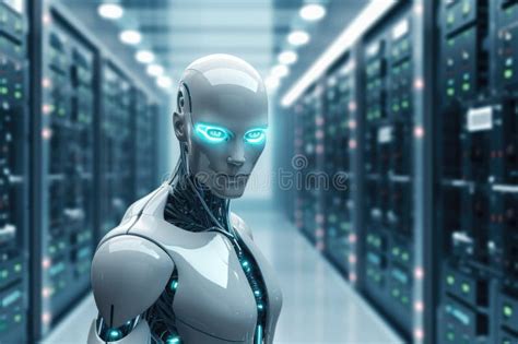 3d rendering humanoid robot in server room with circuit board in