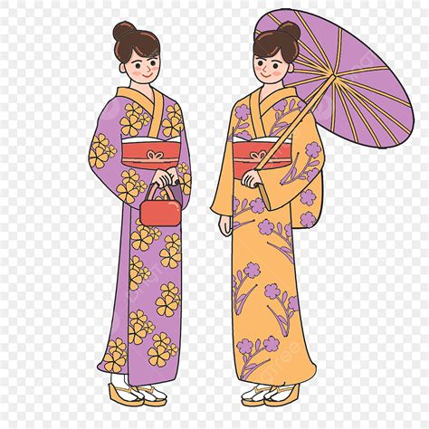 손으로 그린 일본 여성 기모노 일러스트 주황색 보라색 만화 스타일 Png 일러스트 및 Psd 이미지 무료 다운로드 Pngtree