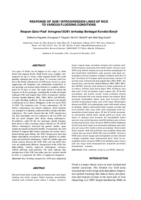 Pdf Response Of Sub1 Introgression Lines Of Rice To Various Flooding