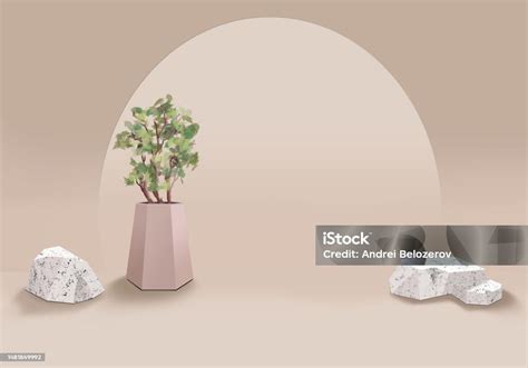 Exehibition 연단 복숭아 3d 배경입니다 화장품 홍보를 위한 받침대 3d 렌더링 원형 아치 나뭇 가지와 녹색 잎이있는 꽃병 3차원 형태에 대한 스톡 사진 및 기타