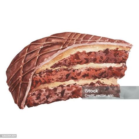 흰색 배경에 고립 된 손으로 그린 수채화 초콜릿 스폰지 케이크 맛있는 음식 일러스트레이션 수채화에 대한 스톡 벡터 아트 및 기타 이미지 Istock