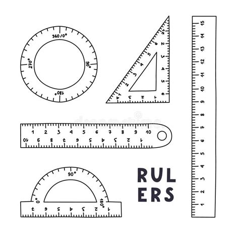 Cute Doodle Set Of Plastic Rulers Protractor Triangle Compass With Hand Drawn Outline Tools