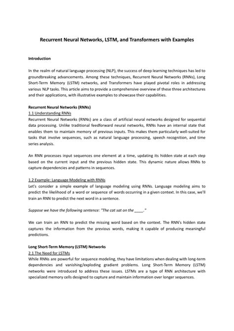 Recurrent Neural Networks Lstm And Transformers With Examples