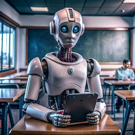 A Humanoid Robot Teacher In A Classroom Setting Holding A Tablet