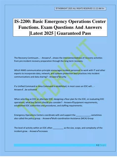 IS Basic Emergency Operations Center Functions Exam Questions And Answers Latest