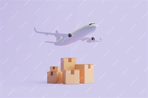 갈색 마분지 상자 그룹과 파스텔 라일락 배경의 비행 비행기 3d 렌더링 그림 프리미엄 사진