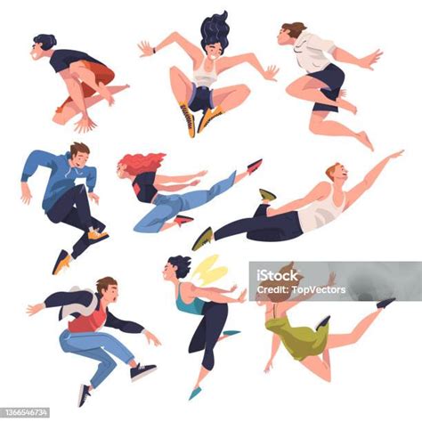 점프 사람들 캐릭터 느낌 자유와 모션 비행 에 미드 에어 벡터 일러스트 레이션 세트 명랑한에 대한 스톡 벡터 아트 및 기타