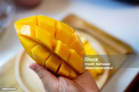 클로즈업은 잘 익은 달콤한 망고를 한입 크기로 아름답게 썰어 보여줍니다 0명에 대한 스톡 사진 및 기타 이미지 0명 개념