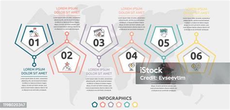 벡터 플랫 인포그래픽 템플릿입니다 6 개의 다이어그램 그래프 순서도 타임 라인 마케팅 프리젠 테이션에 대한 텍스트와 아이콘 라인 오각형 개념에 대한 스톡 벡터 아트 및 기타